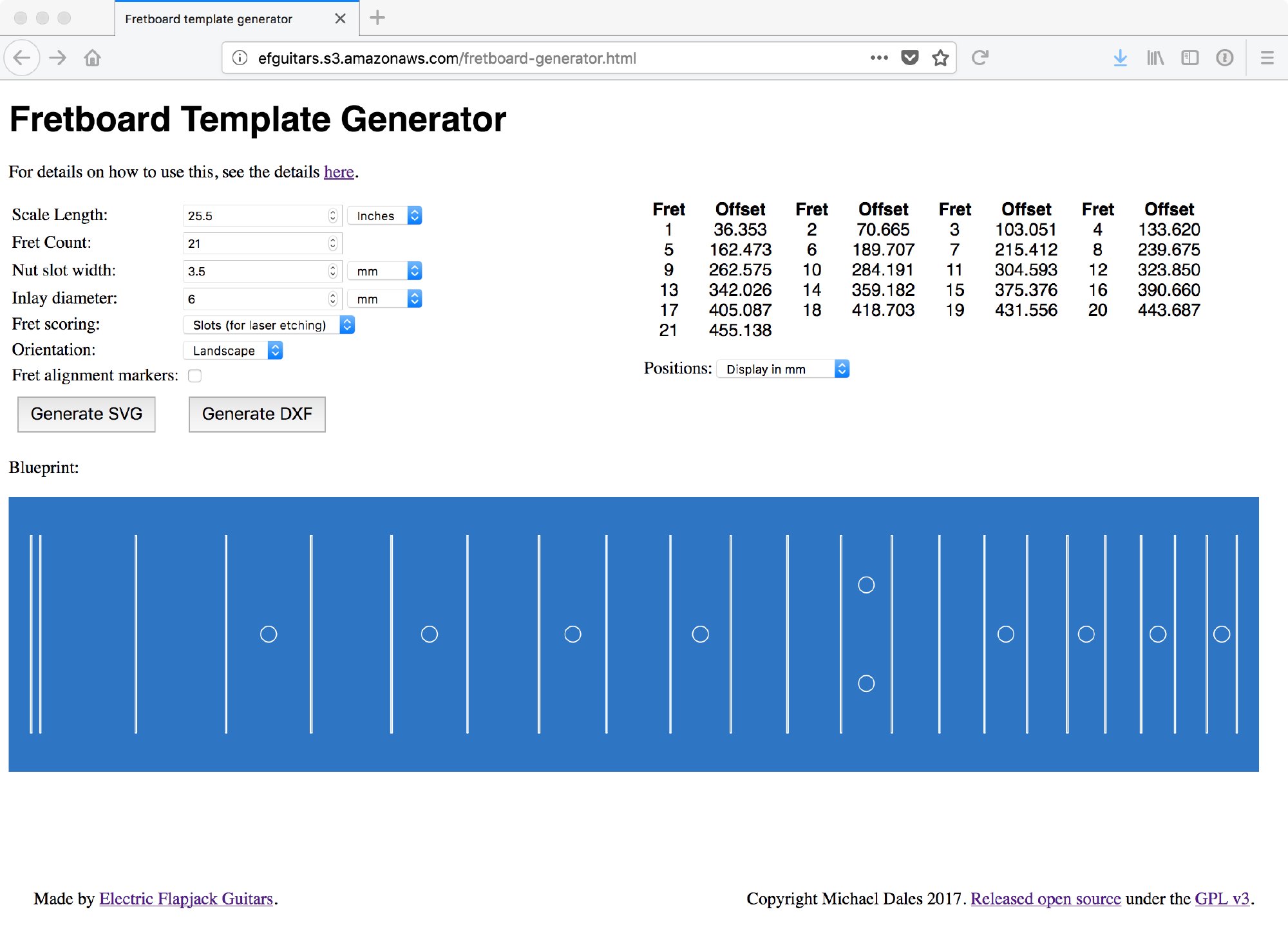 Michael Winston Dales Guitars: Fretboard design generator